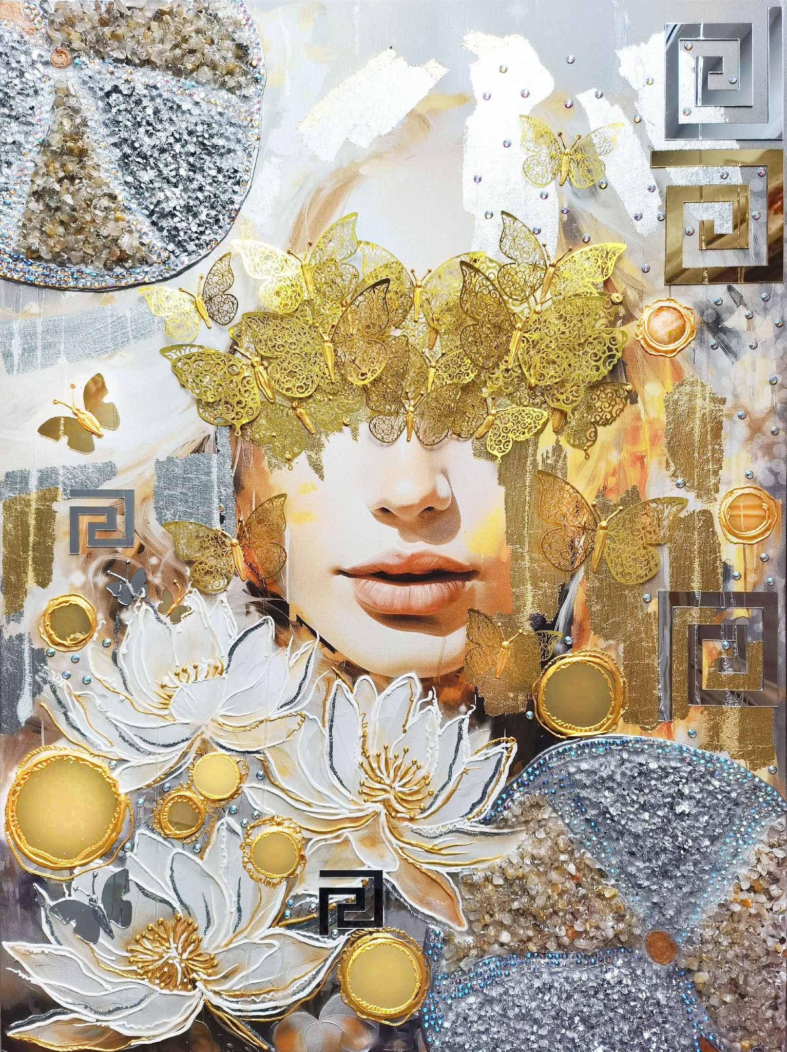 Abstract Woman Painting on Canvas Original Faceless Portrait, Silver Gold Female Art, Lotus ...