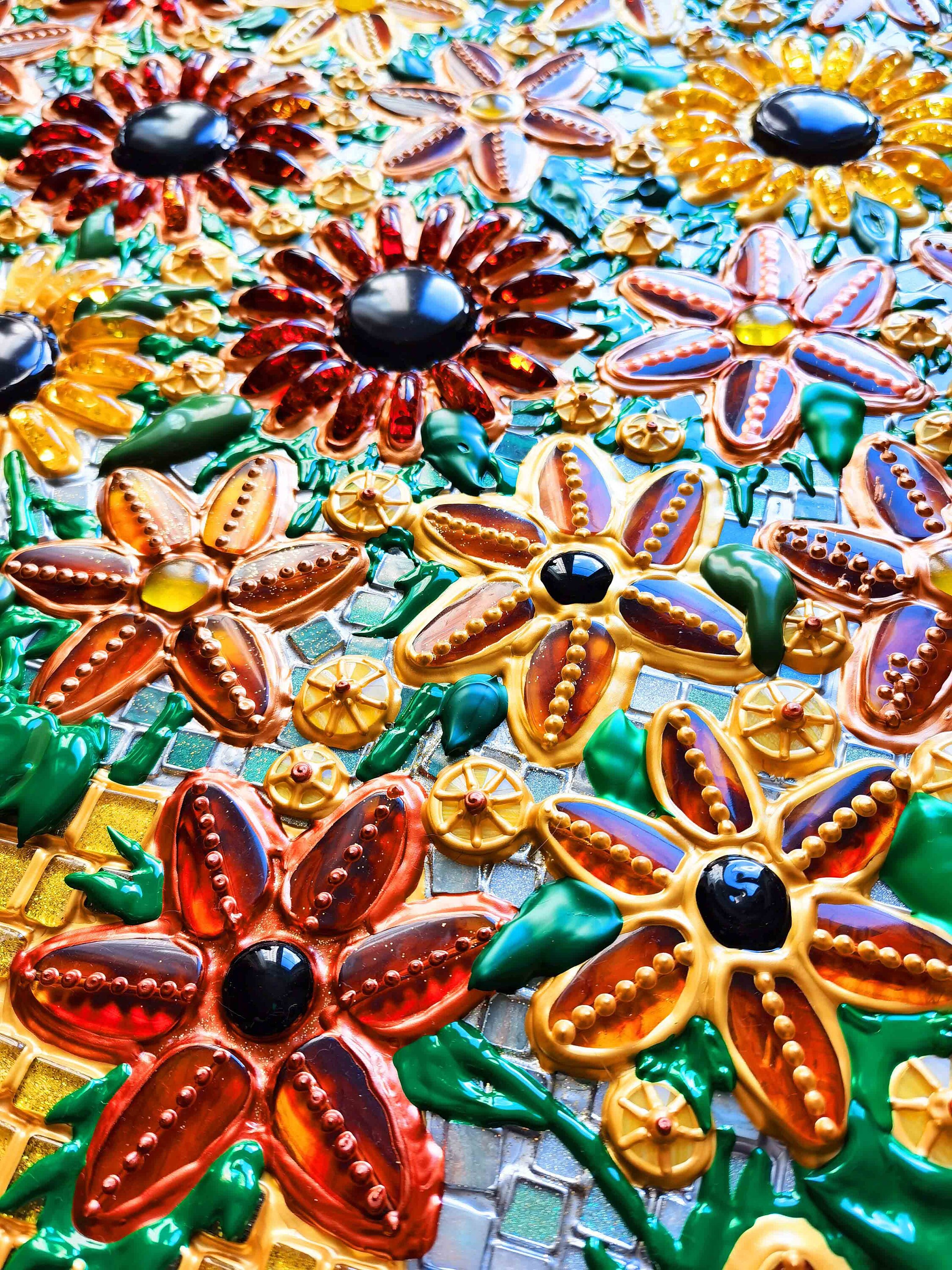 Amber Mosaic Art Sunflowers in Vase Wall Sculpture, Van Gogh Precious ...