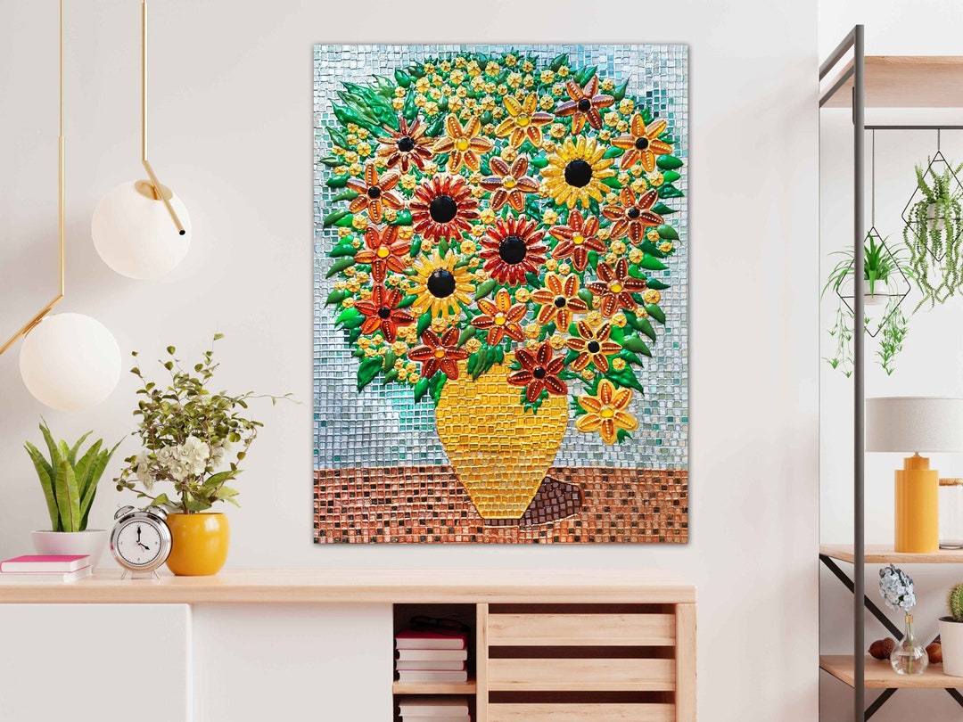 Amber Mosaic Art Sunflowers in Vase Wall Sculpture, Van Gogh Precious ...