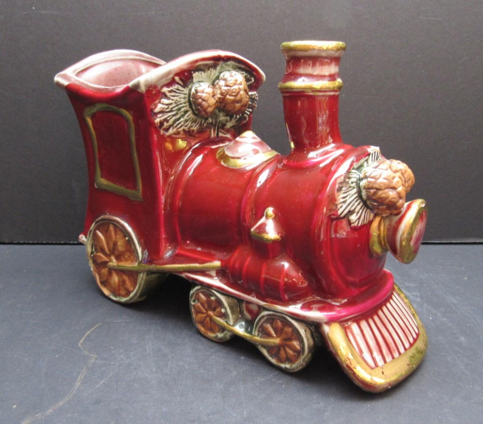Vintage Christmas Train Pottery Planter With Gold Tone Accents Steam ...