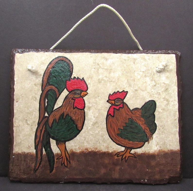 Hand Painted Rooster Chicken Hen on Slate Wall Art Rustic Farmhouse ...