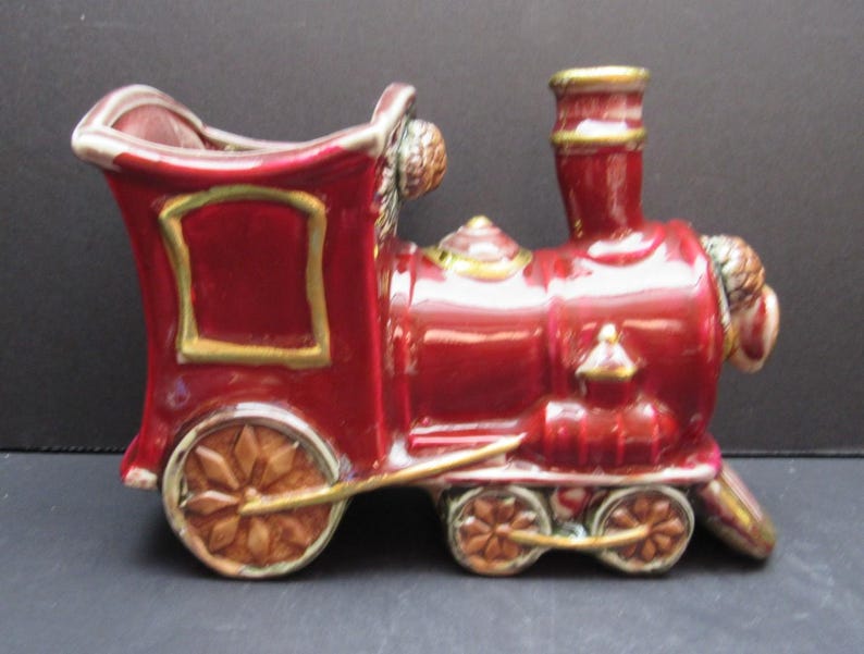 Vintage Christmas Train Pottery Planter With Gold Tone Accents Steam ...