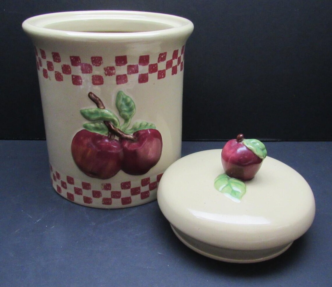 Large Cracker Barrel Apple Checkered Pattern Kitchen Canister 9" Tall ...