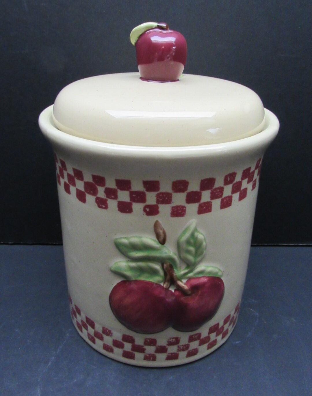 Medium Cracker Barrel Apple Checkered Pattern Kitchen Canister 7 1/2 ...