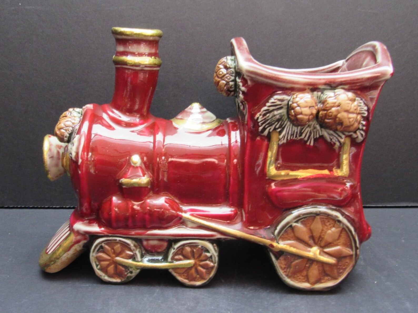 Vintage Christmas Train Pottery Planter With Gold Tone Accents Steam ...