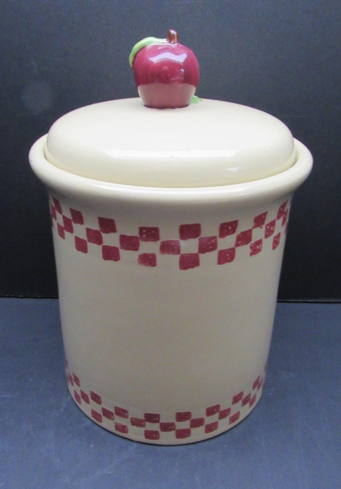 Large Cracker Barrel Apple Checkered Pattern Kitchen Canister 9" Tall ...