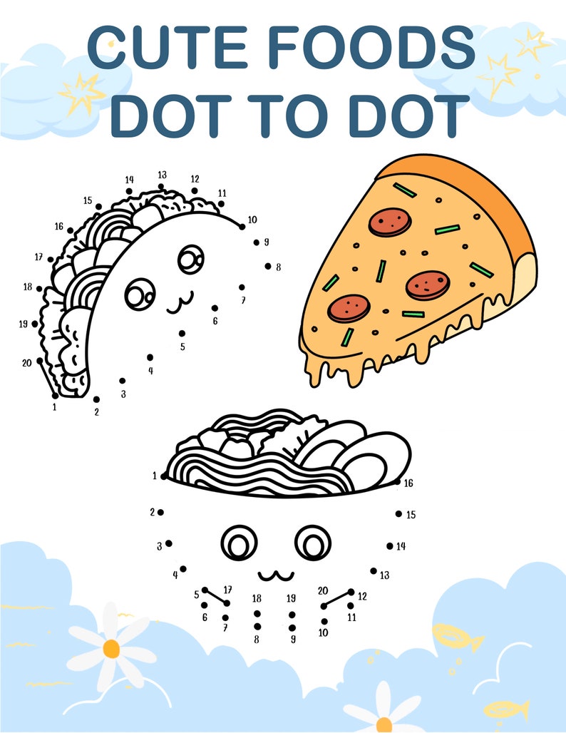 Cute Foods Connect the Dot to Dot Coloring Pages Printable - Etsy