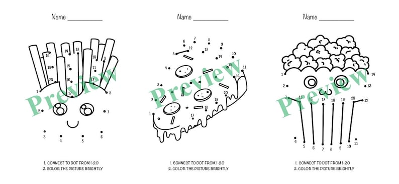 Cute Foods Connect the Dot to Dot Coloring Pages Printable - Etsy