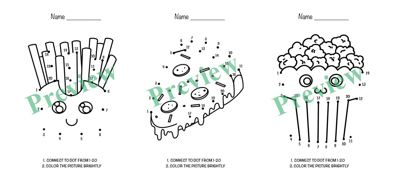 Cute Foods Connect the Dot to Dot Coloring Pages Printable - Etsy