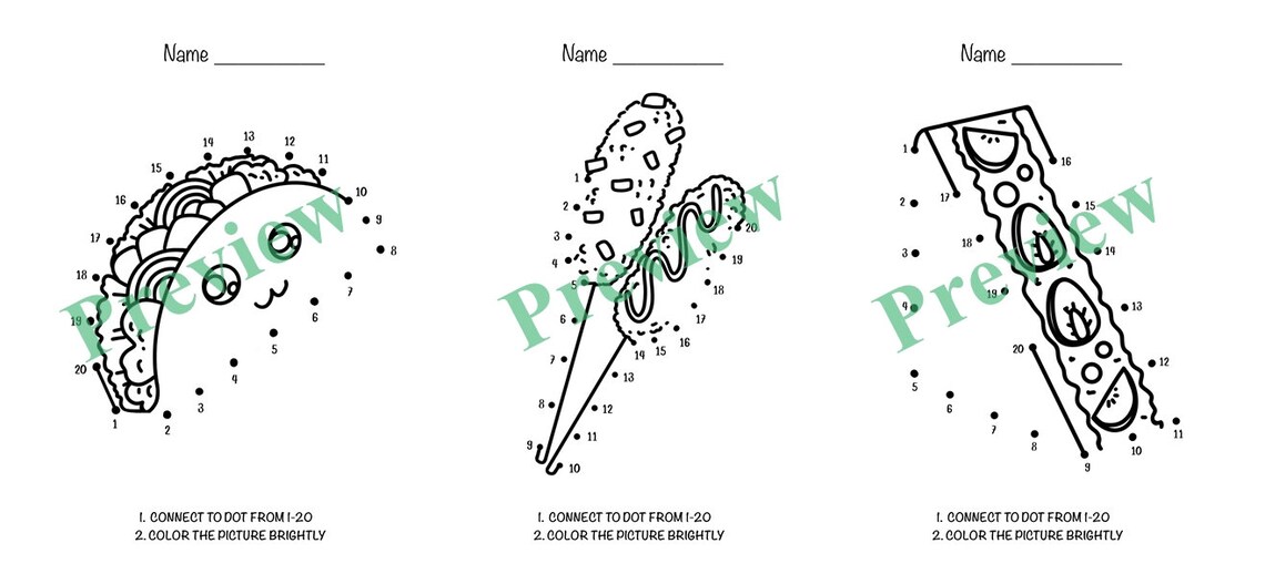Cute Foods Connect the Dot to Dot Coloring Pages Printable - Etsy