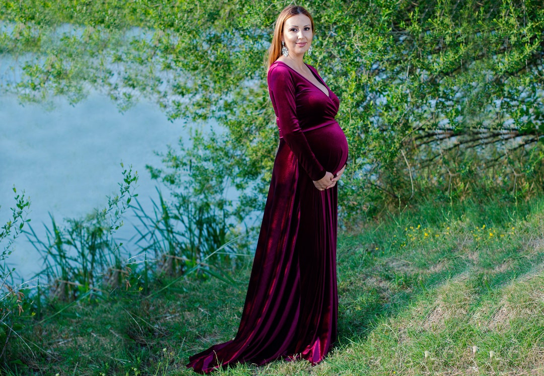 Wine Velvet Maternity Gown, Elegant Pregnancy Dress With Train - Etsy