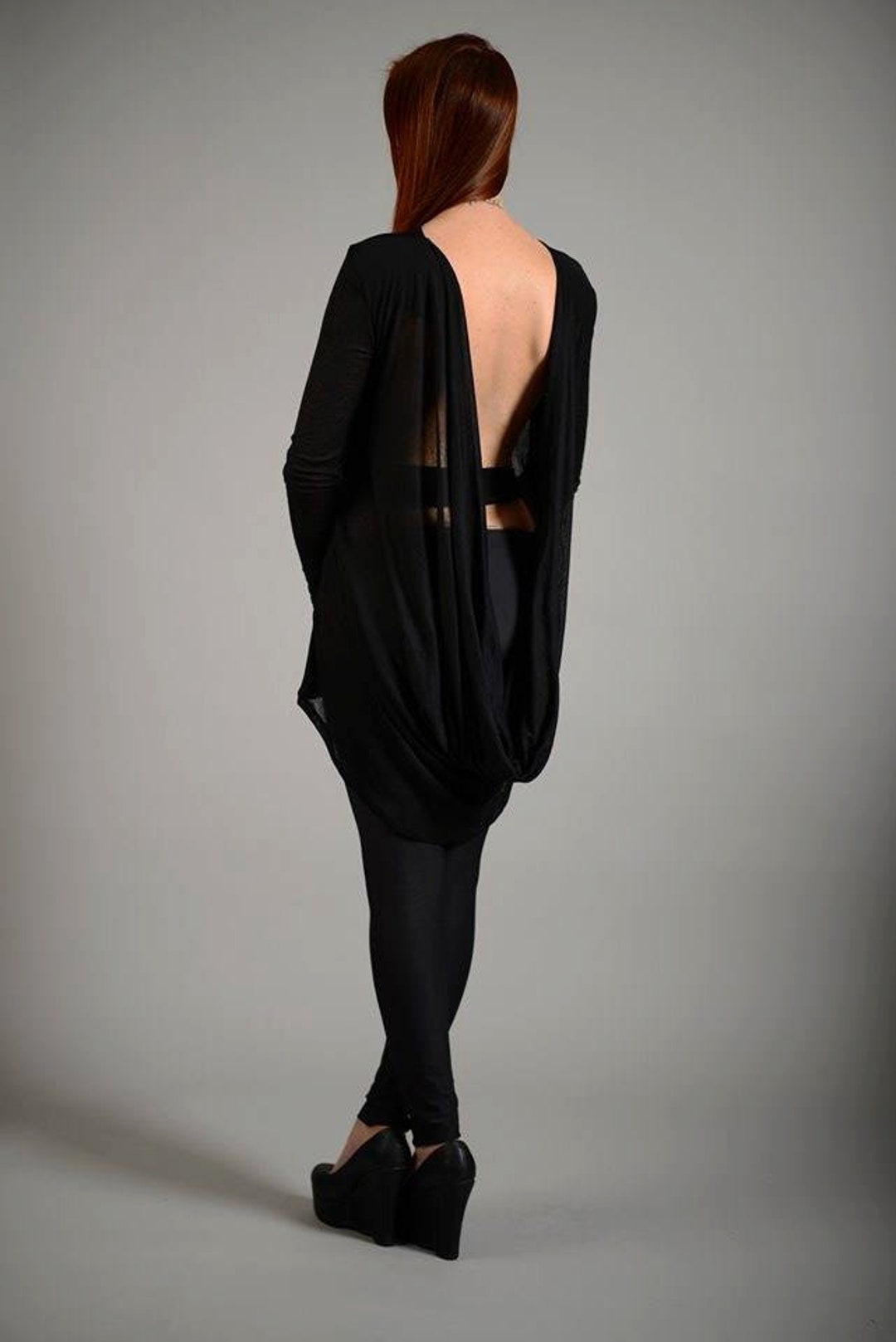 Black Backless Tunic Top: Long Sleeve Asymmetrical Blouse - Etsy