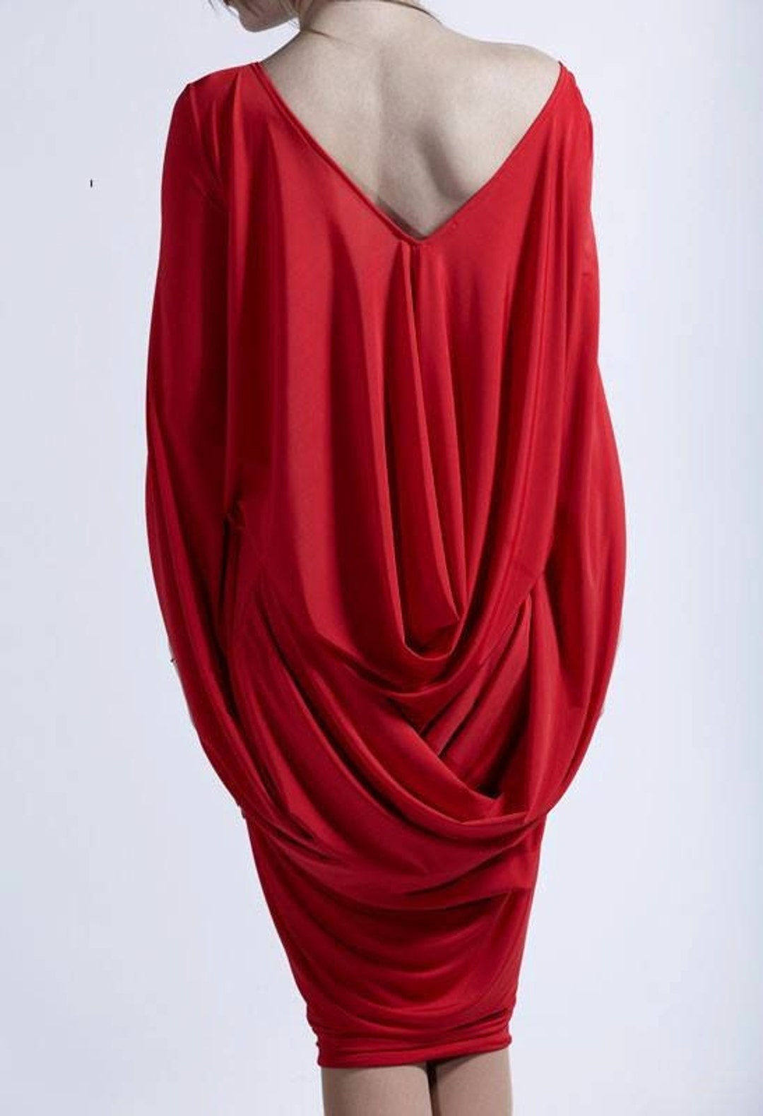 Red Draped Extravagant Jersey Dress, Avant Garde Unique Style Low Back ...
