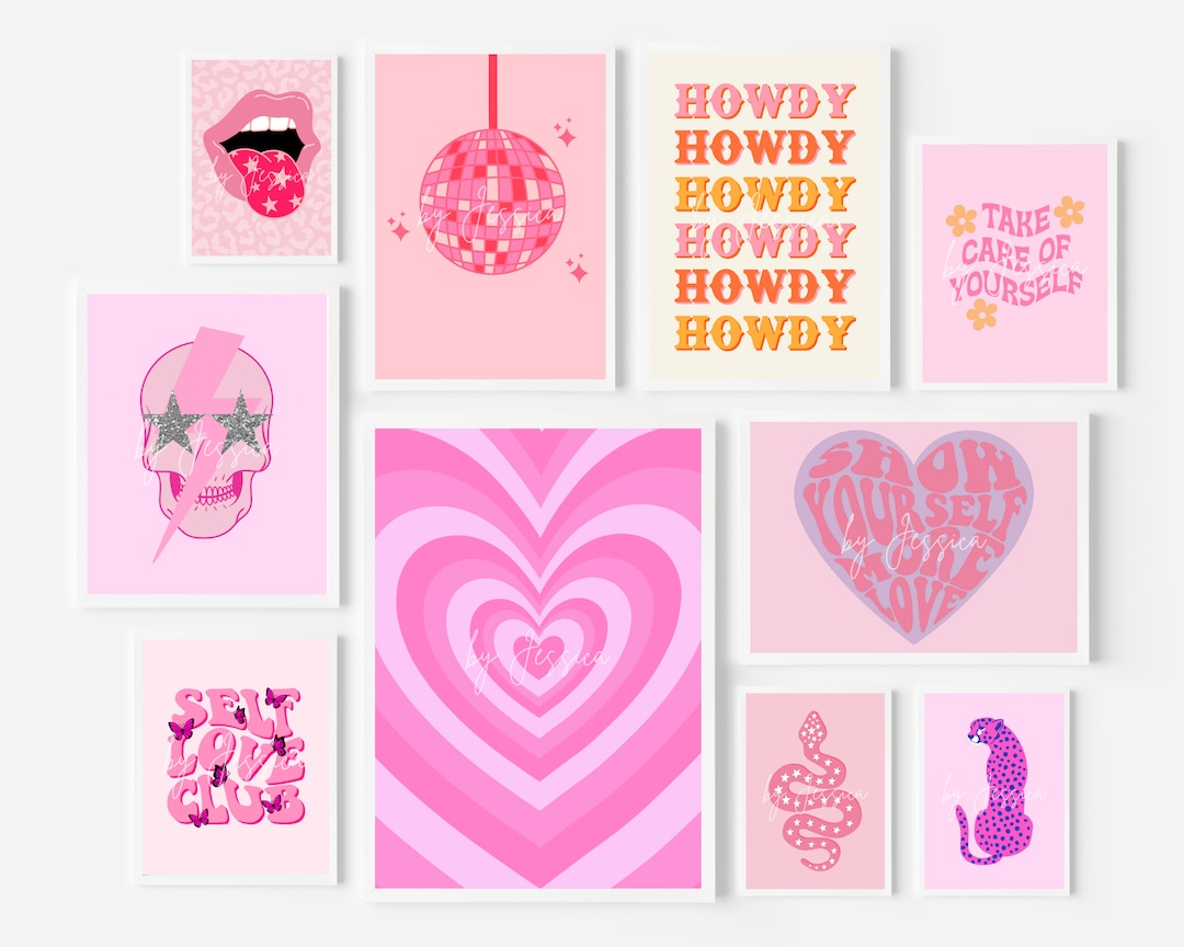 Pink Wall Decor, Preppy Room Art, Set of 10, Pink Wall Collage Art ...