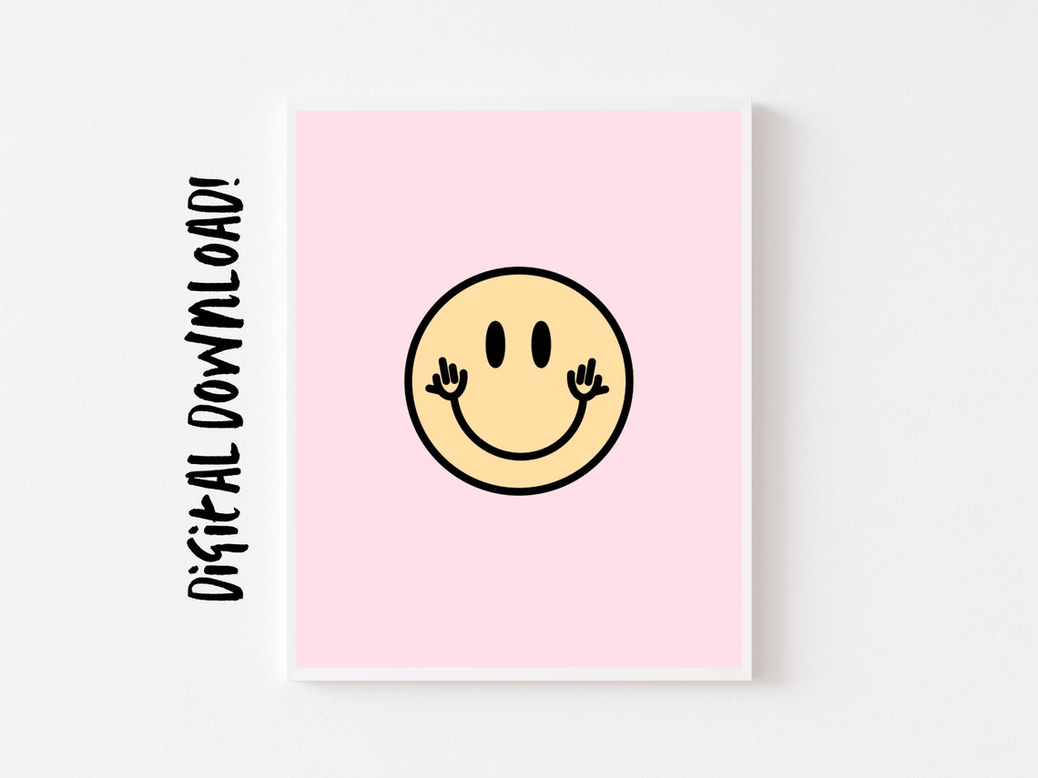 Middle Finger Smiley Face Print Pink & Yellow Print Smiley | Etsy