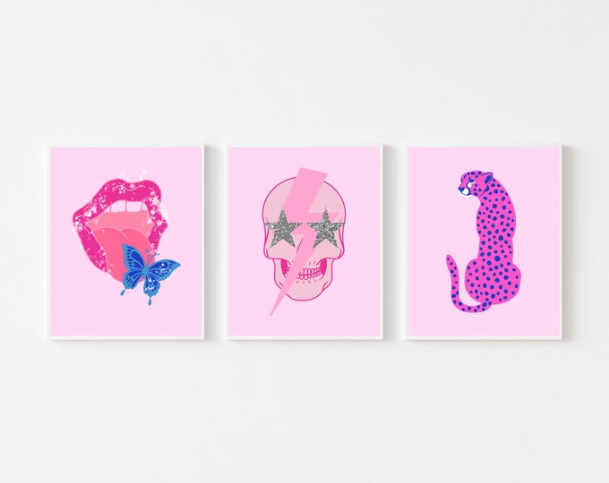 Preppy Pink Skull Lightning Bolt Silver Stars Preppy Wall - Etsy