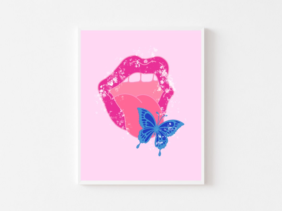Preppy Pink Lips, Tongue Out, Blue Butterfly, Preppy Wall Art Wall Art ...