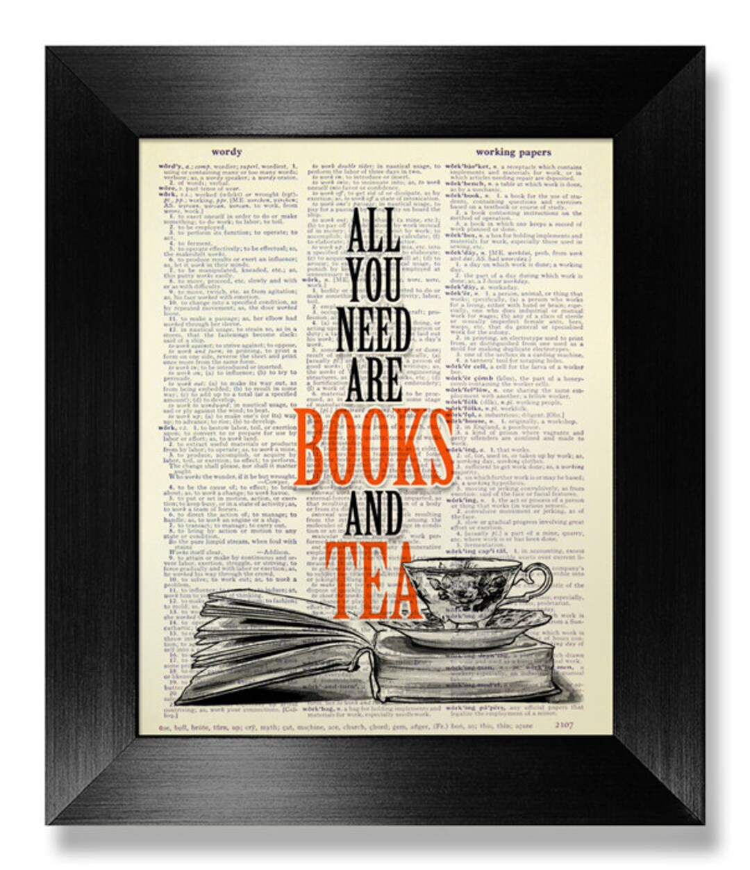 BOOK ART Print Dictionary Paper, KITCHEN Decor Wall Decal, Tea Wall Art ...