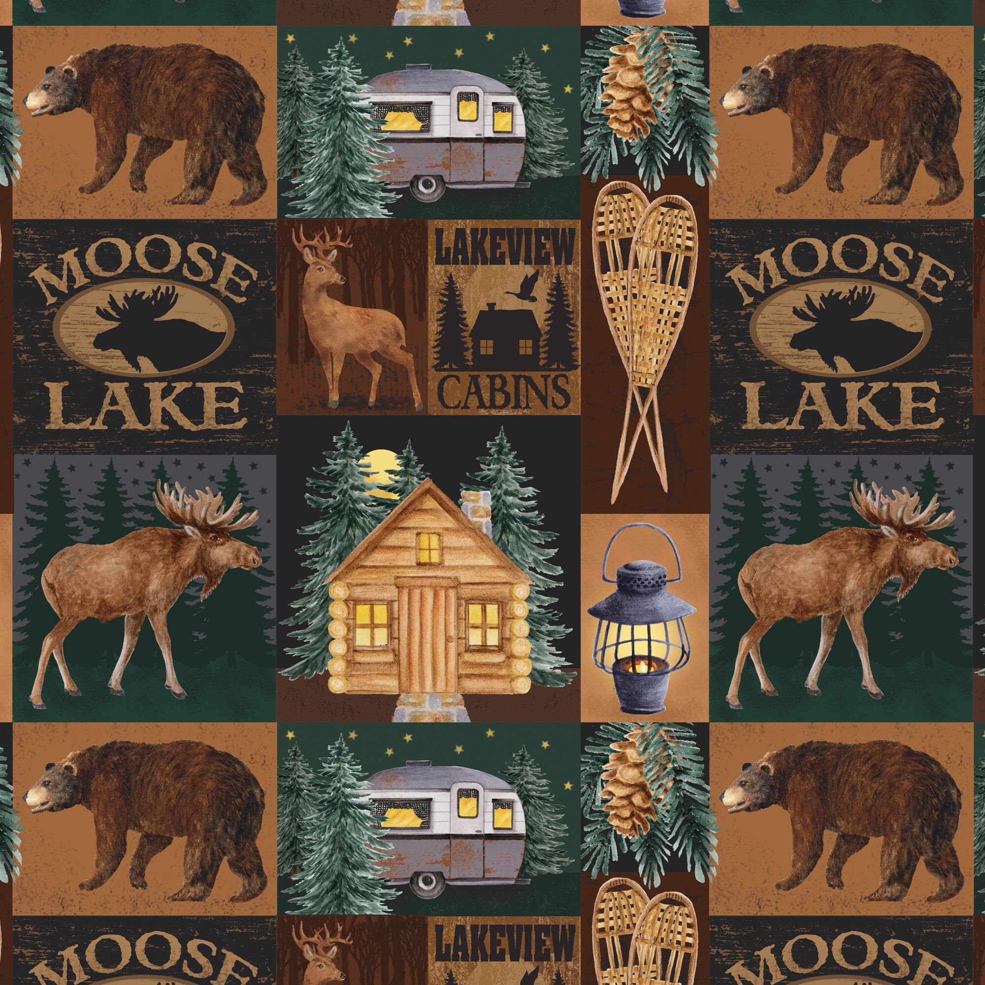 Christmas Fabric, Mask Fabric, Moose Fabric, Lake Cabin Fabric ...