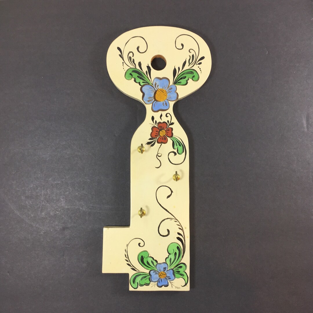 Vintage Key Holder for Wall Painted Wood in Shape of Key With 3 Brass ...