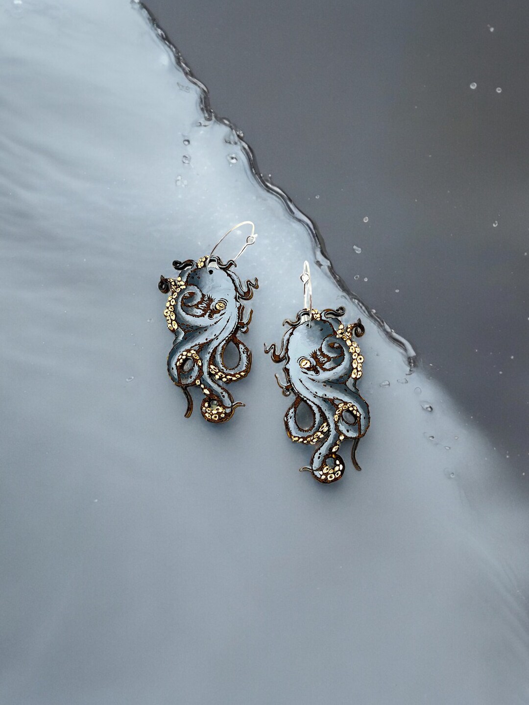 Octopus Dangle Wood Hoop Earrings, Kraken Earrings, Octopus Jewelry ...