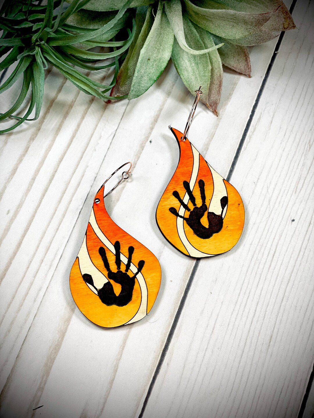 Supernatural Handprint Flame Wood Dangle Earrings - Etsy