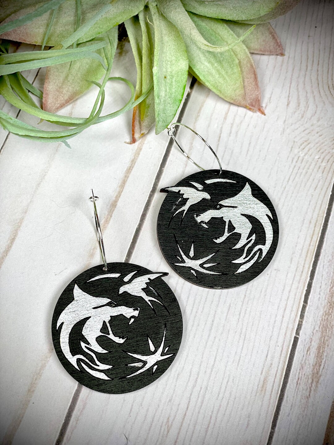 Witcher Sigil Wood Dangle Earrings Wolf Obsidian Star Swallow - Etsy