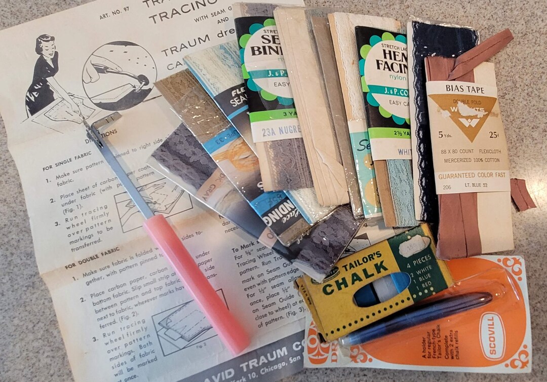 Vintage Sewing Notions, Vintage Ephemera, Lace Binding, Tracing Wheel, Tailor's Chalk, Tailor's ...