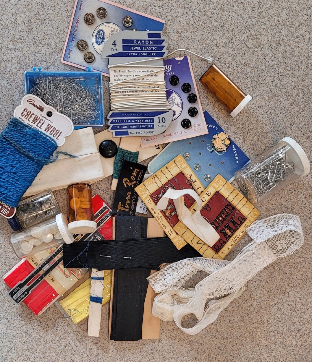 Vintage Notions Lot, Snaps, Hooks & Eyes, White Buttons, Crewel Wool ...