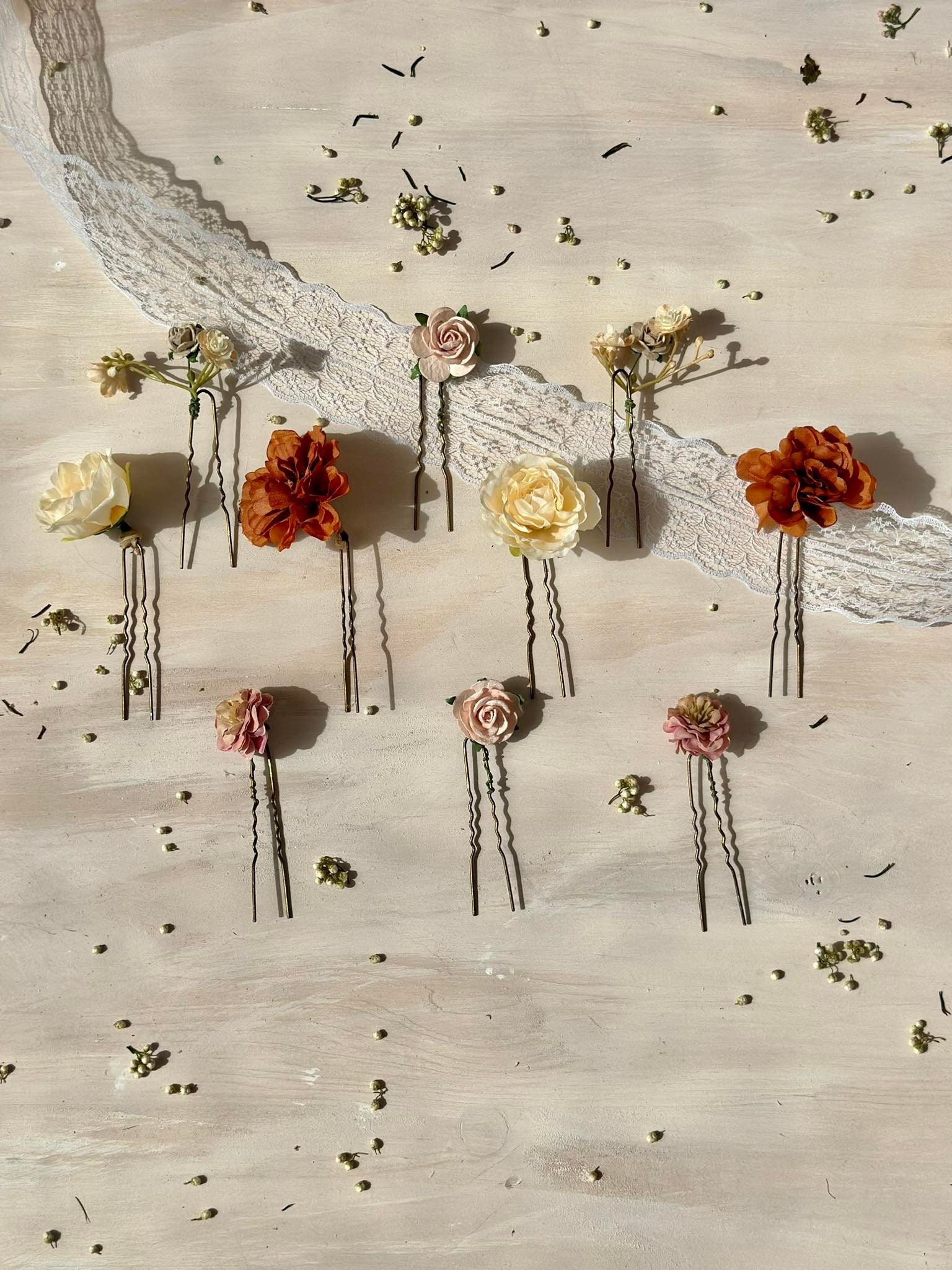 Bridal Flower Hair Pins: Ivory, Cream & Burnt Orange Roses - Set of 7 ...