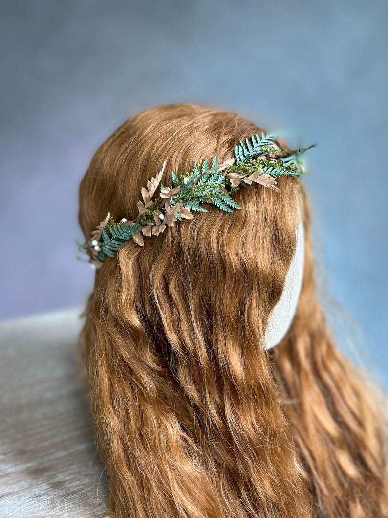 Green Fern Wedding Hair Crown: Bronze Flower Woodland Wreath - Etsy