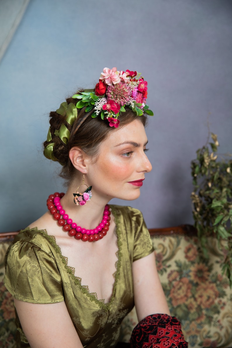 Pink and Red Frida Kahlo Headband Bridal Flower Crown Mexican - Etsy