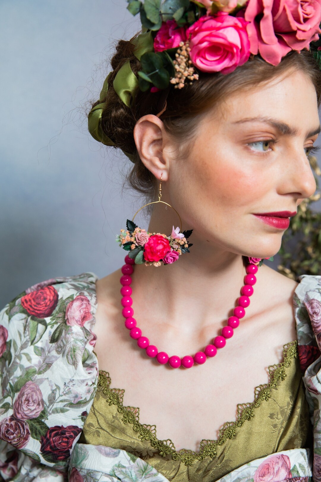 Pink Flower Earrings Fuchsia Circle Earrings Bride to Be Hoop Earrings ...