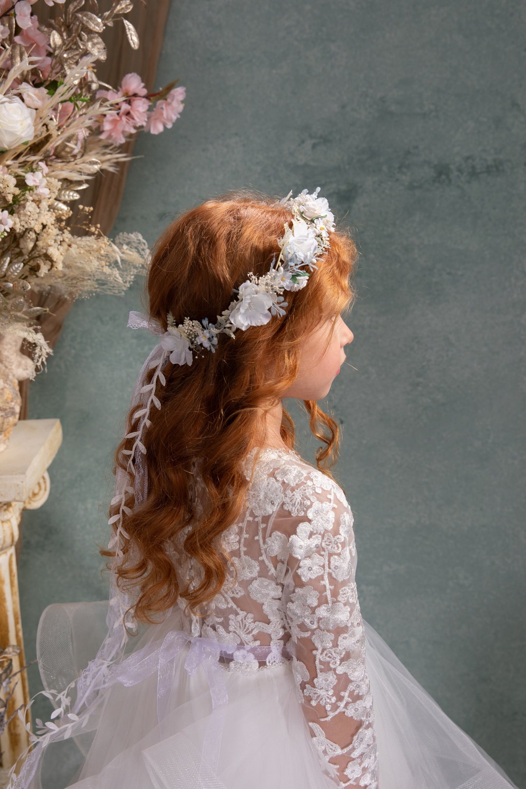 Holy Communion Hair Wreath With Veil White Flower Hair Wreath for Girl ...