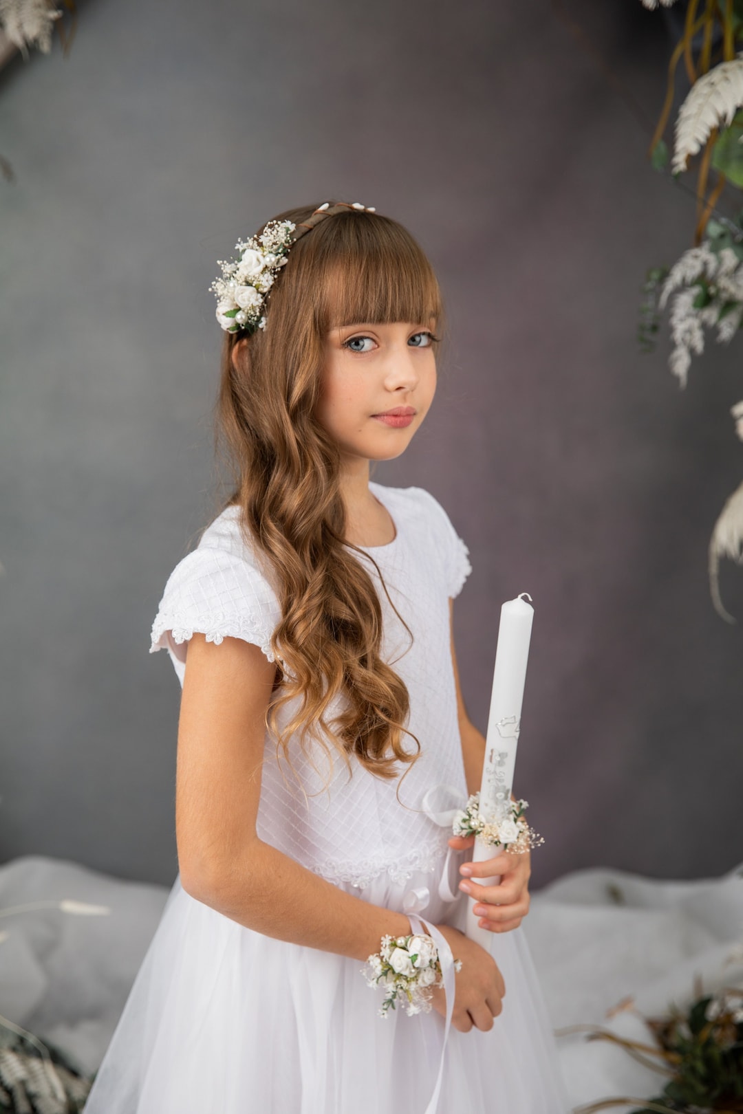 First Communion Flower Set: Headband, Bracelet, Candle Decoration - Etsy