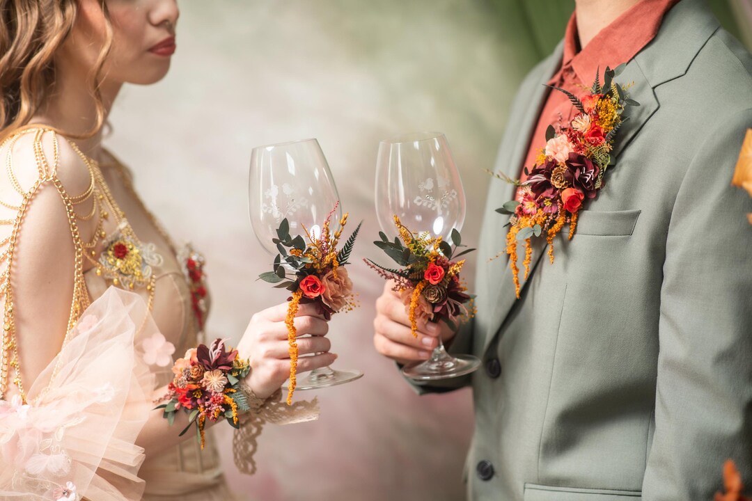 Autumn Weddig Fall Design Bridal Glasses Decor Wedding Glasses Flower ...
