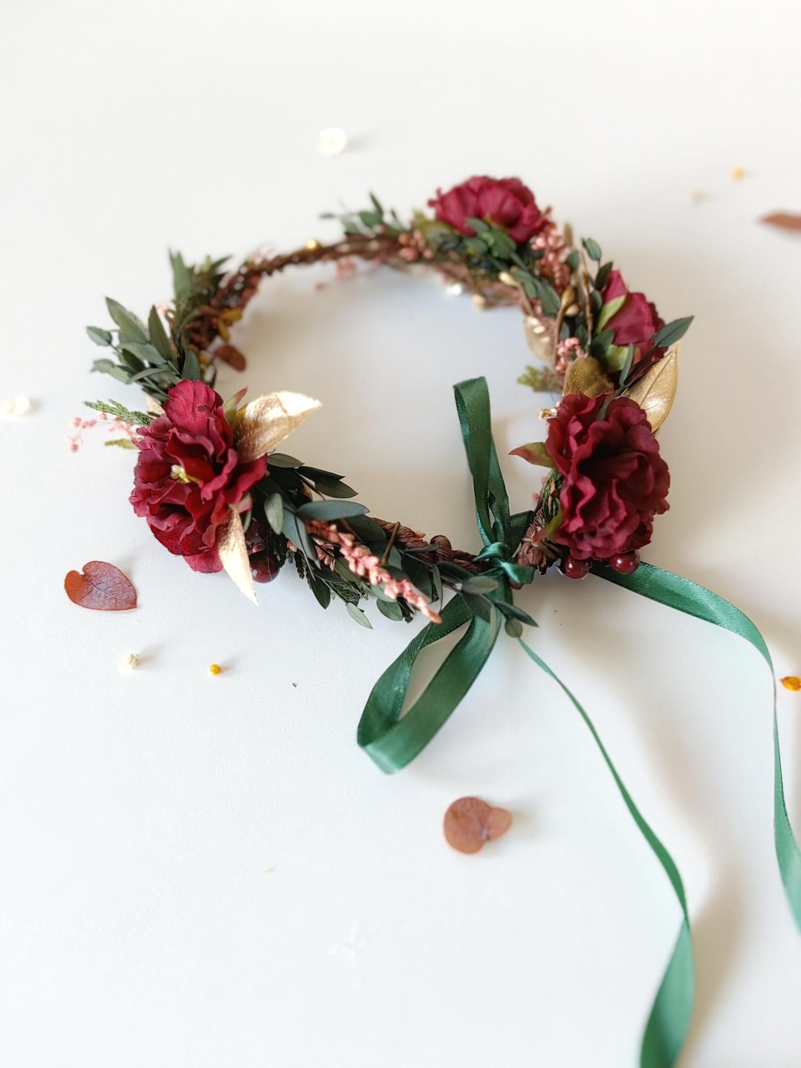 Burgundy Flower Wreath: Woodland Feather Crown With Golden Leaves - Etsy