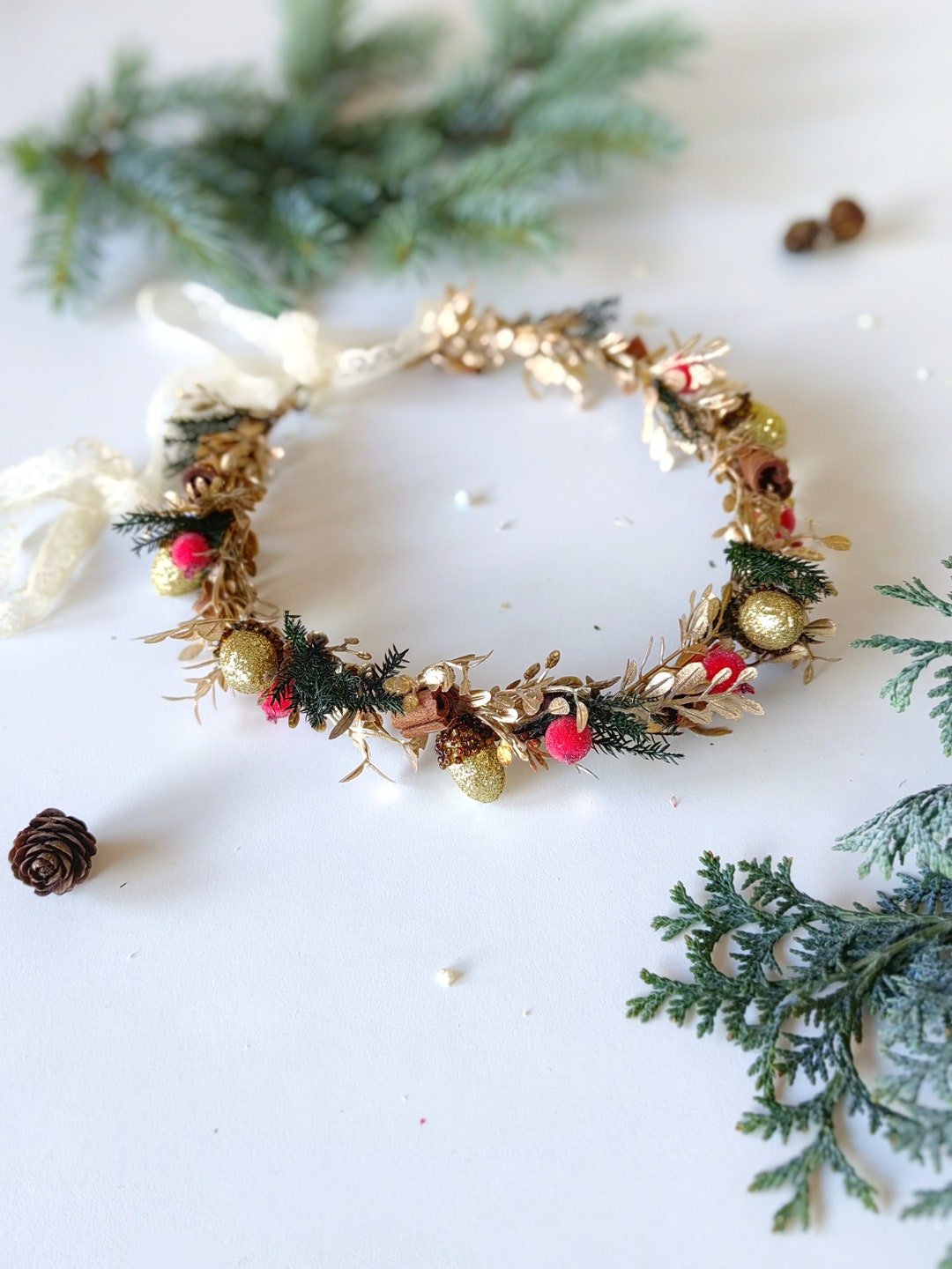 Christmas Hair Crown With Rose Hips Winter Wedding Flower Wreath With ...