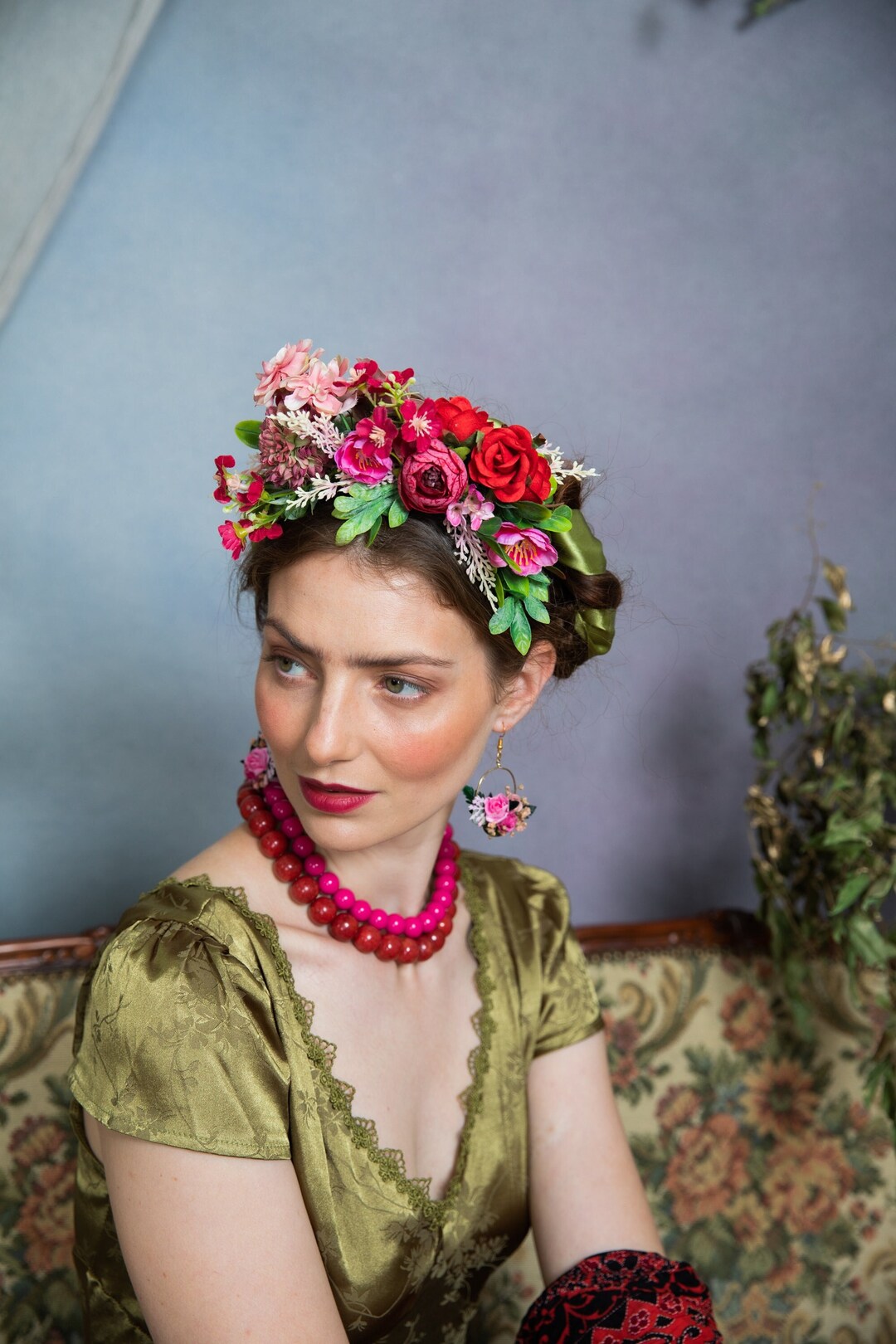 Pink and Red Frida Kahlo Headband Bridal Flower Crown Mexican Cinco De ...