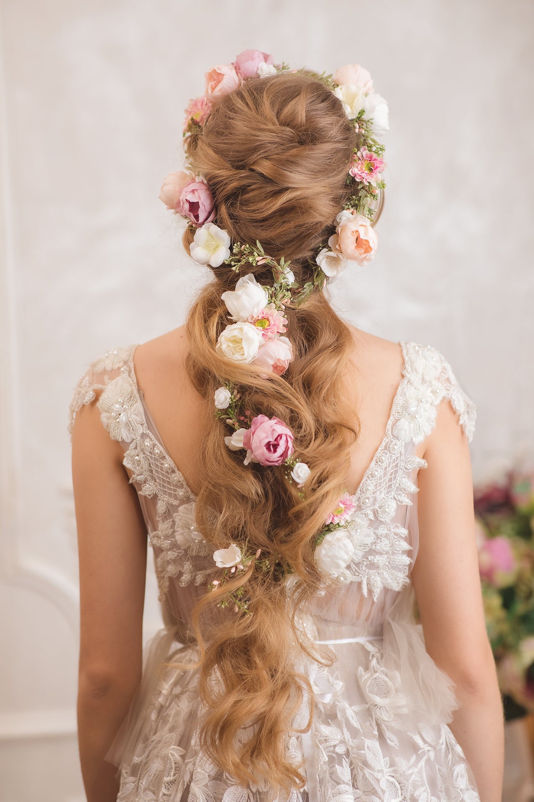 Romantic Peony Wedding Hair Garland 2021 Ivory Pink Peach Flower ...