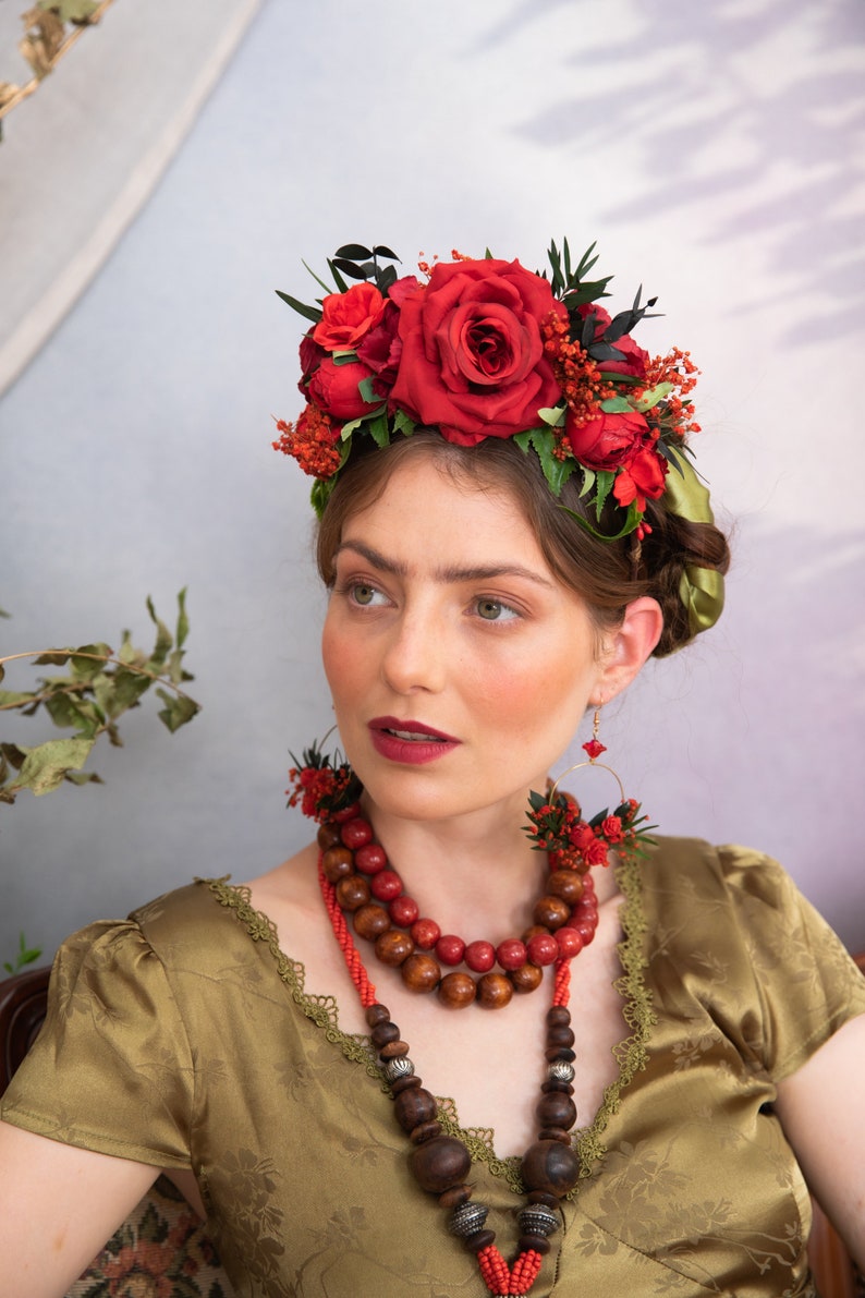 Red Frida Kahlo Headband Flamenco Wedding Flower Headband Day - Etsy