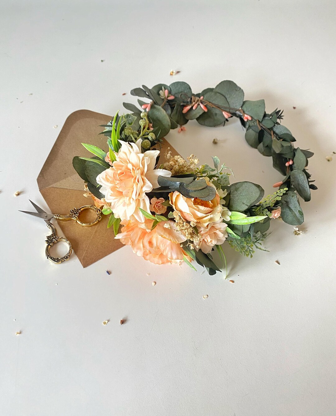 Peach Flower Headpiece Greenery Hair Wreath With Boho Flower Hair Comb ...