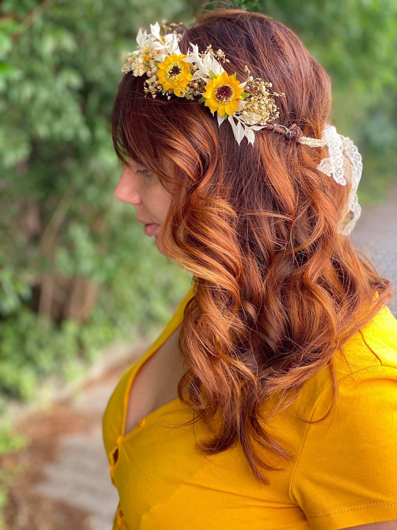 Sunflower Hair Crown Bridal Flower Wreath Magaela Ivory and - Etsy