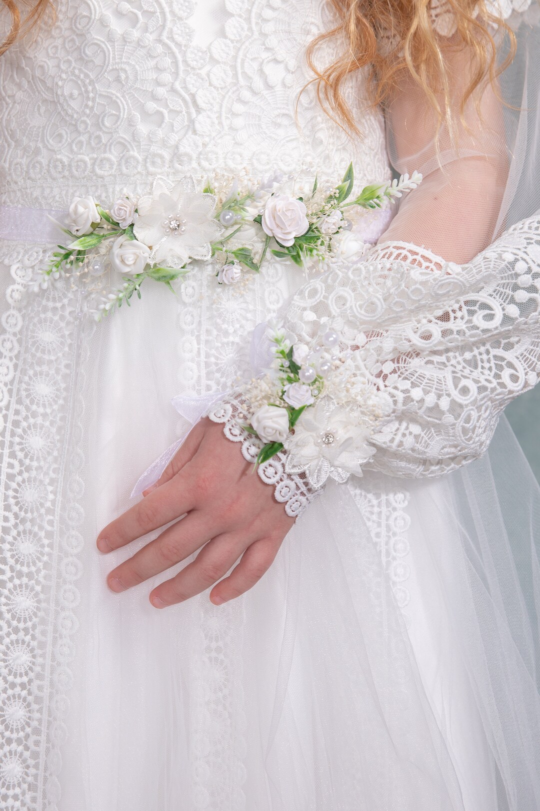 First Holy Communion Flower Bracelet Floral Bracelet White Roses Pearls ...