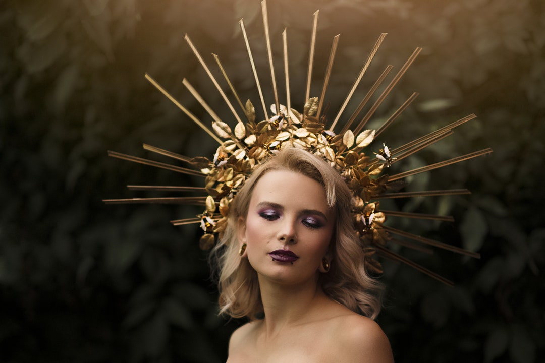 Golden Halo Crown With Bees Sun Crown Halloween Goddess Wedding Bridal ...