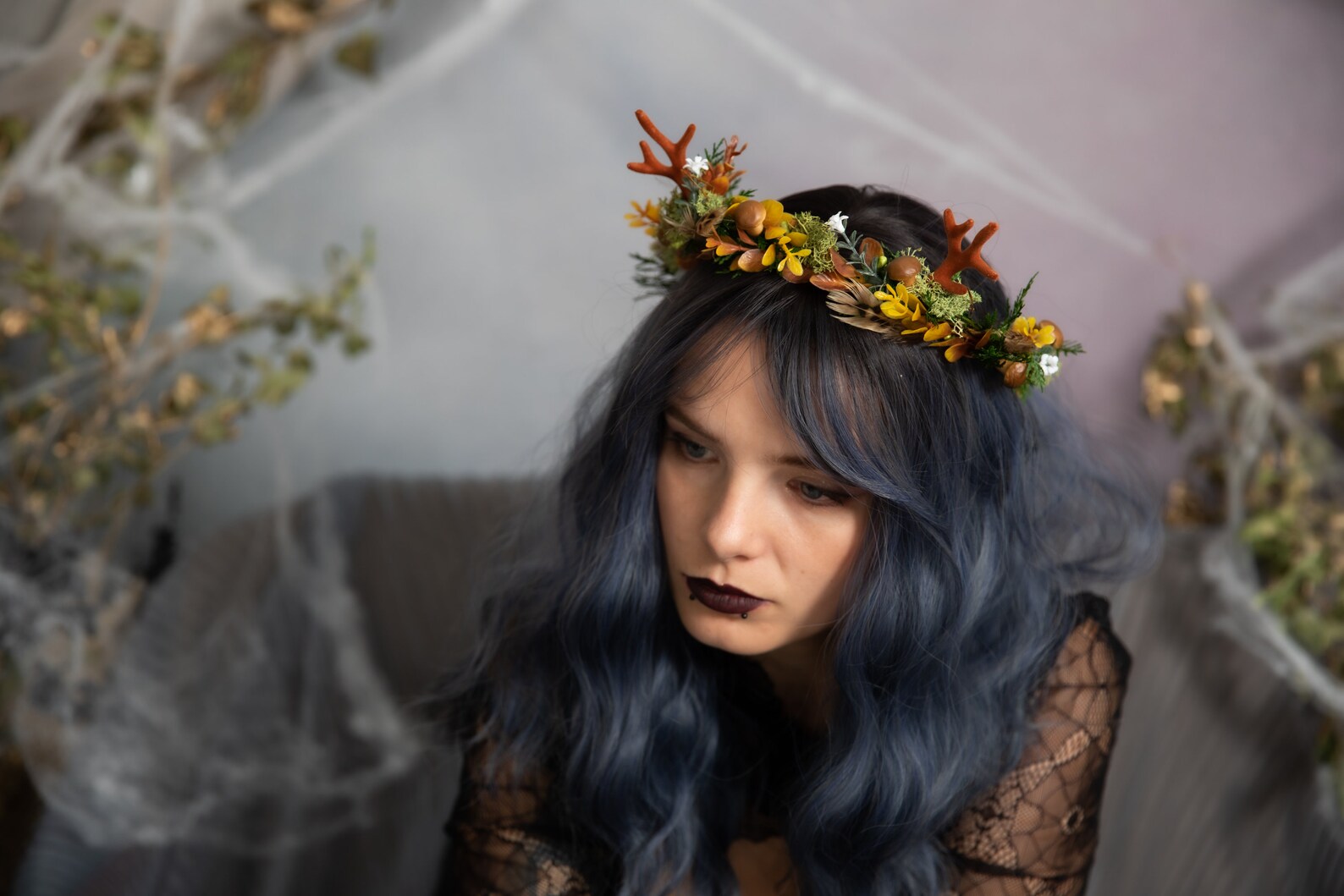 Halloween Hair Crown With Antlers Autumn Flower Crown Fall - Etsy