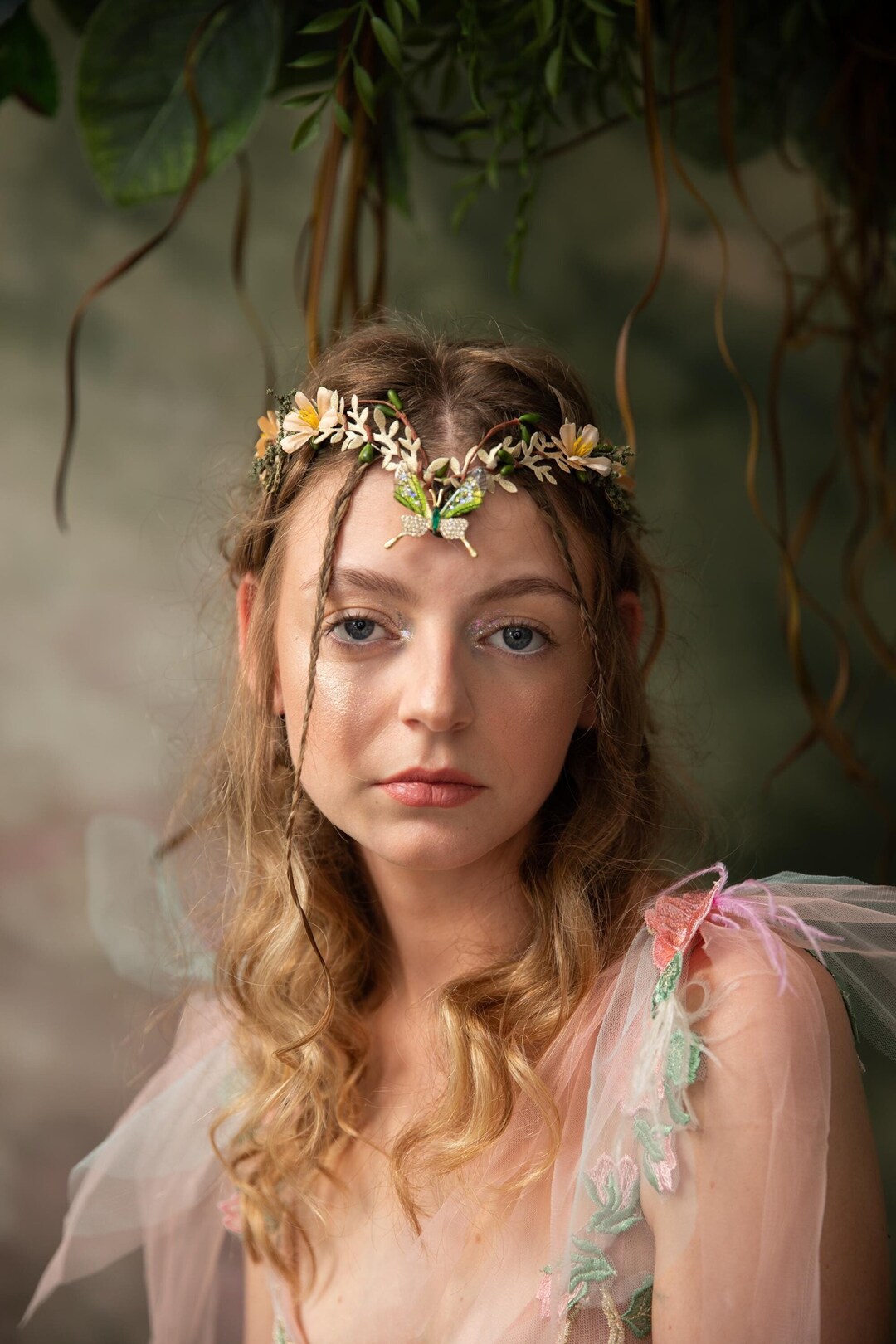 Elven Butterfly Crown Green and Beige Bridal Crown Vintage Headpiece ...