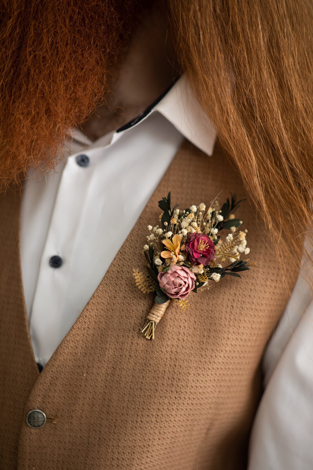 Romantic Dusty Pink and Burgundy Boutonniere Flower Corsage for Groom ...