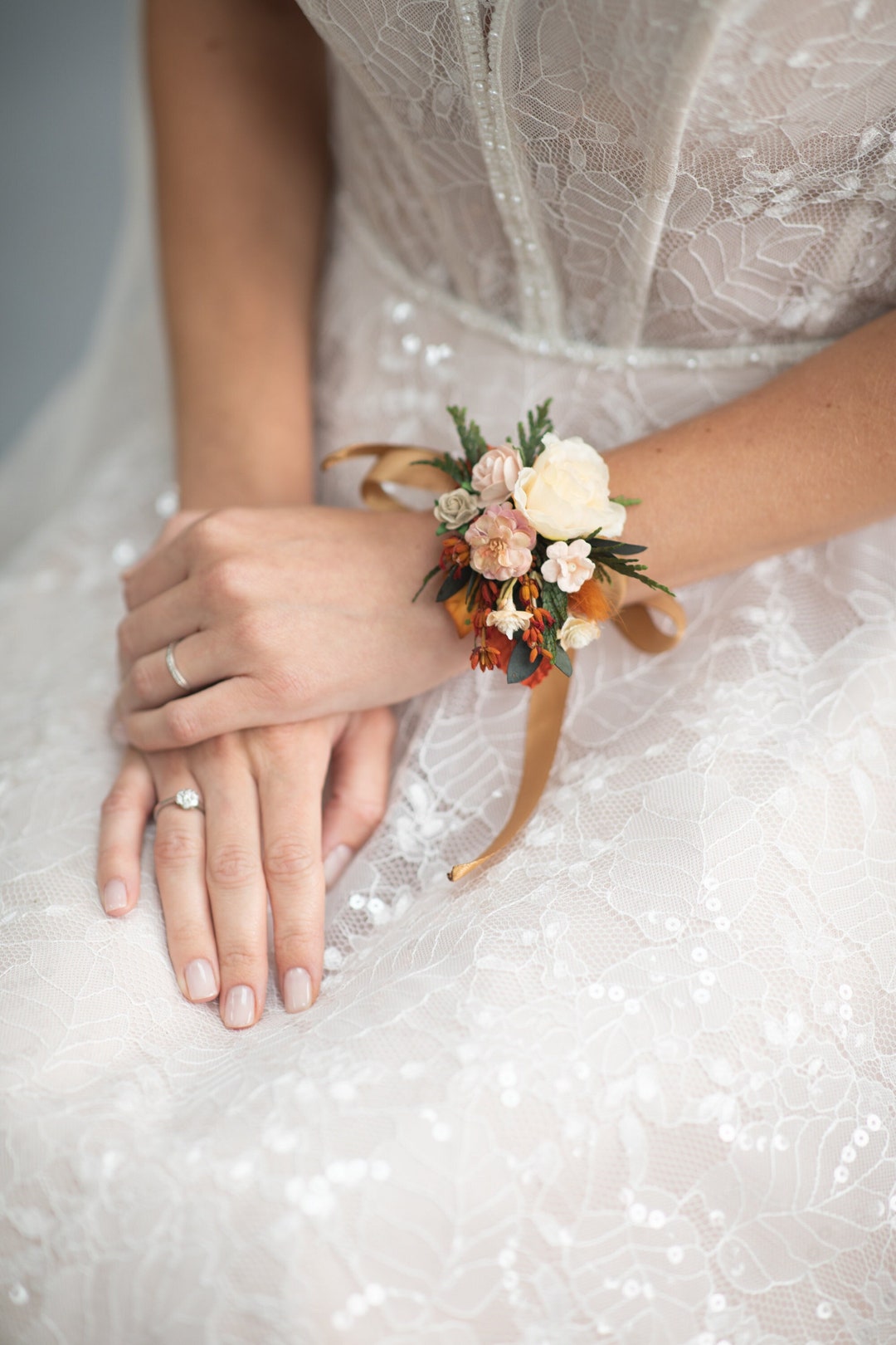 Autumn Flower Bracelet With Roses Wedding Wrist Corsage for Bride Burnt ...