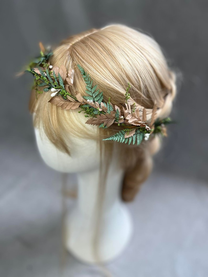 Green Fern Wedding Hair Crown: Bronze Flower Woodland Wreath - Etsy
